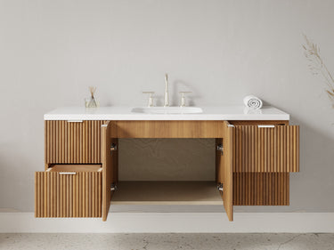 54" - 67" Floating Bathroom Vanity, Handmade in USA, Reeded Wood 2-Doo ...