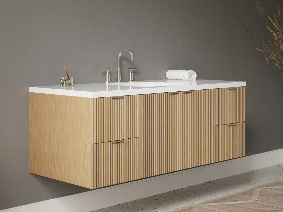 54" - 67" Floating Bathroom Vanity, Handmade in USA, Reeded Wood 2-Doo ...